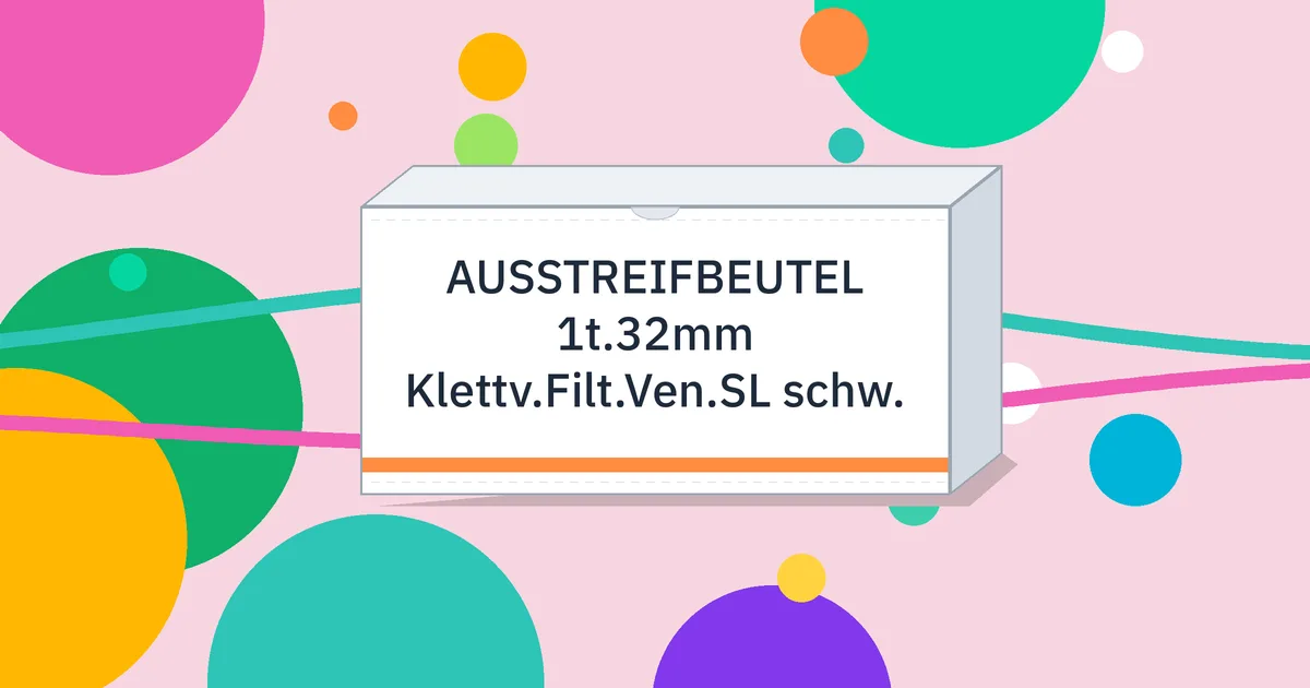 Symbolbild: Packung mit der Aufschrift AUSSTREIFBEUTEL 1t.32mm Klettv.Filt.Ven.SL schw. (PZN 18424048) – Verfügbarkeit und Bezug in Apotheken in Frankfurt am Main
