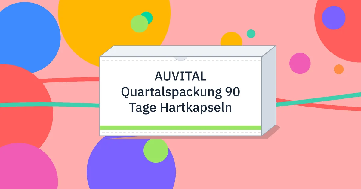 Symbolbild: Packung mit der Aufschrift AUVITAL Quartalspackung 90 Tage Hartkapseln (PZN 13825498) – Verfügbarkeit und Bezug in Apotheken in Frankfurt am Main