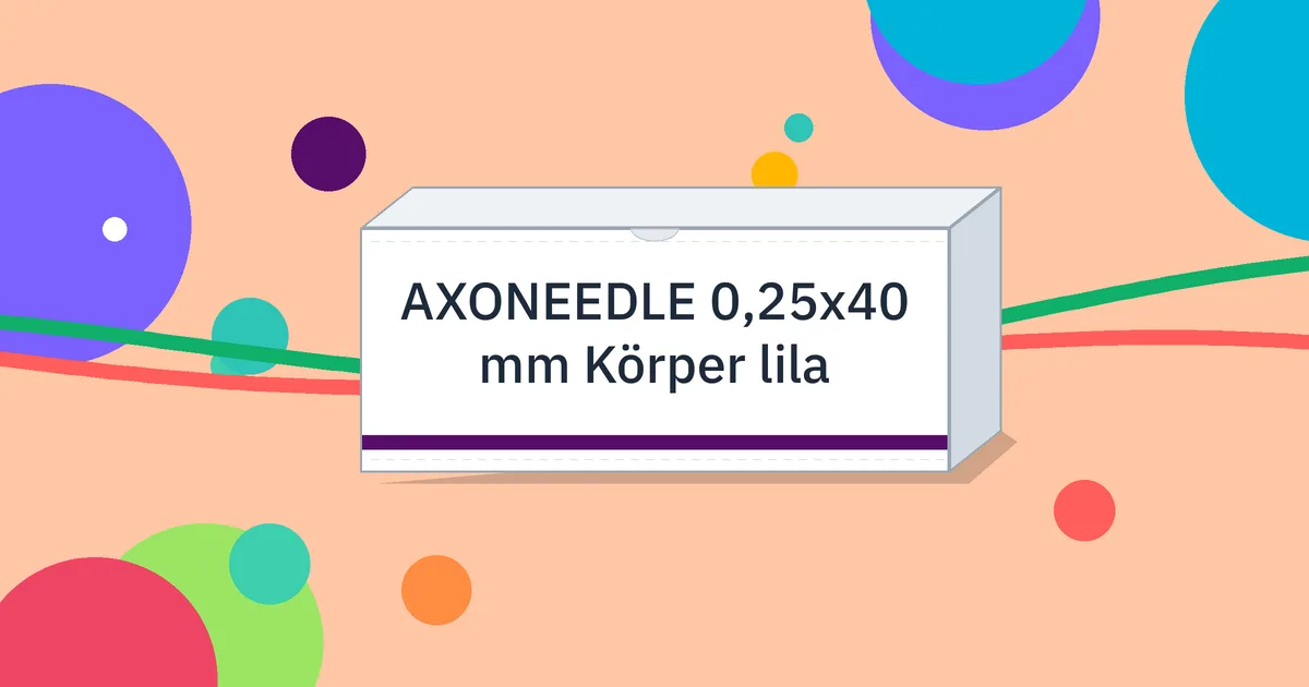 Symbolbild: Packung mit der Aufschrift AXONEEDLE 0,25x40 mm Körper lila (PZN 19996350) – Verfügbarkeit und Bezug in Apotheken in Frankfurt am Main