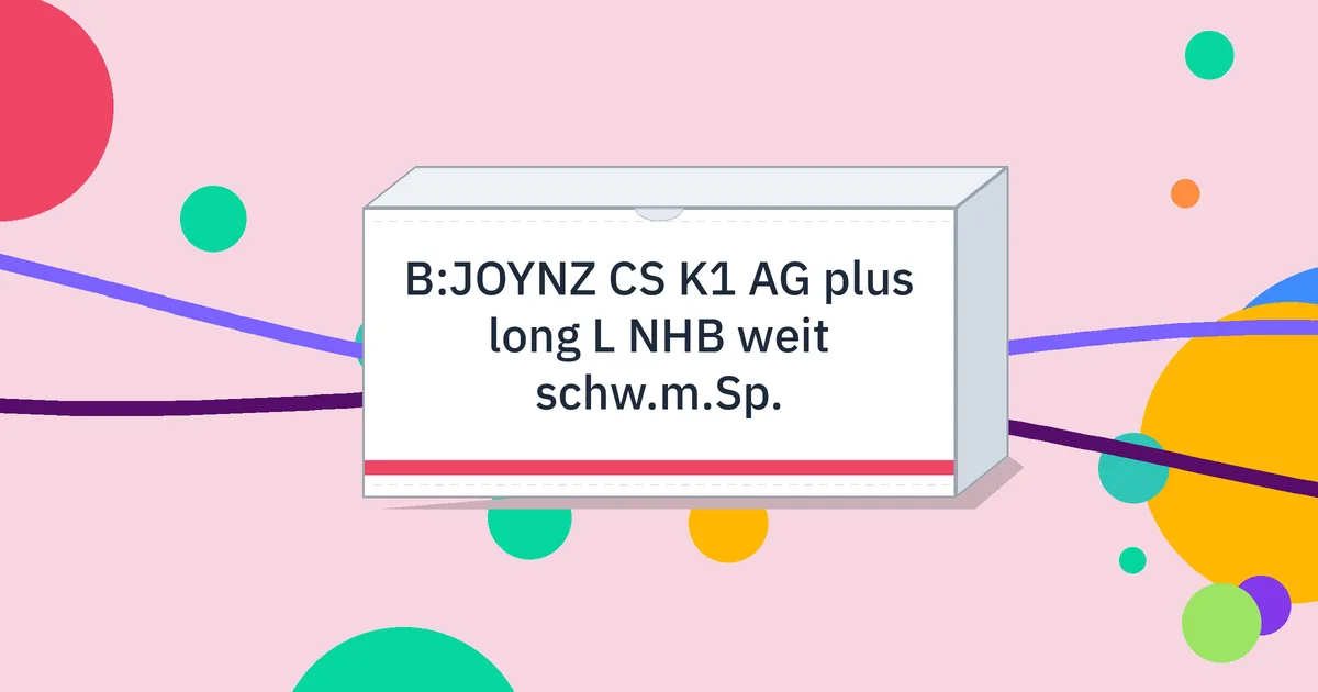 Symbolbild: Packung mit der Aufschrift B:JOYNZ CS K1 AG plus long L NHB weit schw.m.Sp. (PZN 20535393) – Verfügbarkeit und Bezug in Apotheken in Frankfurt am Main