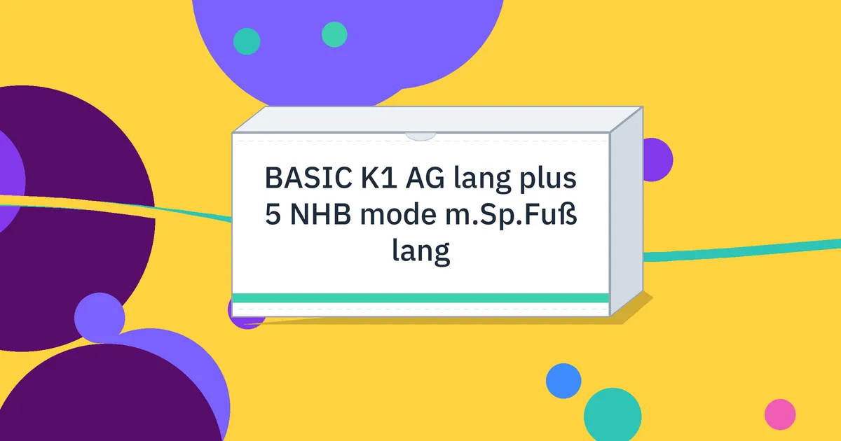 Symbolbild: Packung mit der Aufschrift BASIC K1 AG lang plus 5 NHB mode m.Sp.Fuß lang (PZN 20261576) – Verfügbarkeit und Bezug in Apotheken in Frankfurt am Main