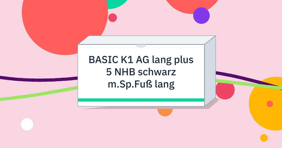 Symbolbild: Packung mit der Aufschrift BASIC K1 AG lang plus 5 NHB schwarz m.Sp.Fuß lang (PZN 20261286) – Verfügbarkeit und Bezug in Apotheken in Frankfurt am Main