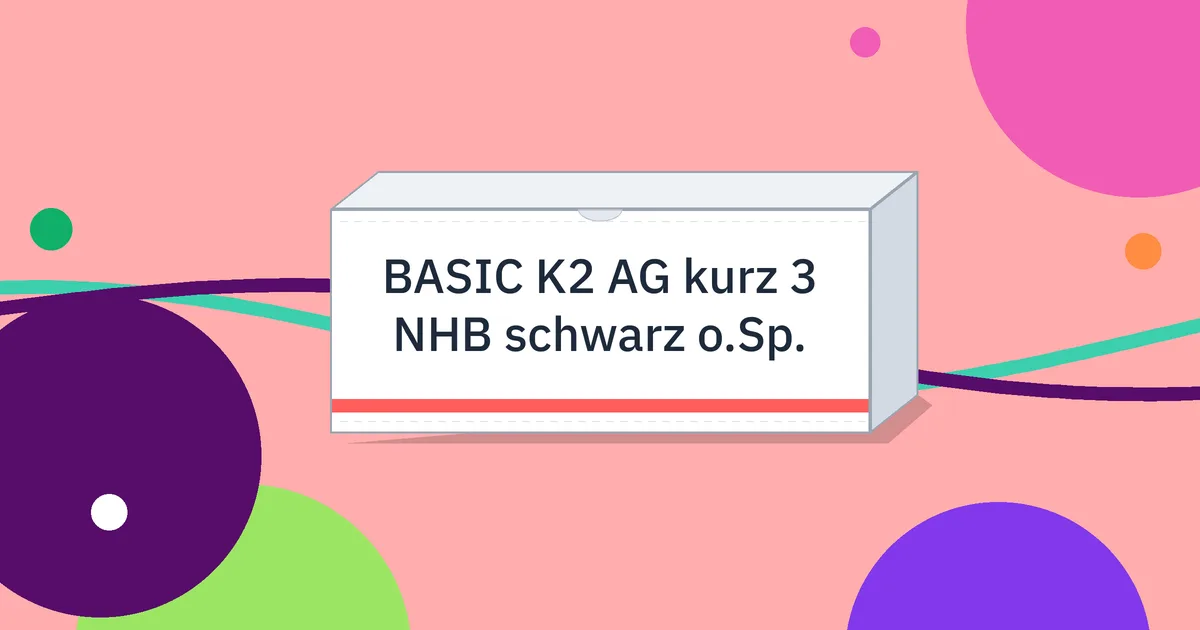 Symbolbild: Packung mit der Aufschrift BASIC K2 AG kurz 3 NHB schwarz o.Sp. (PZN 20266964) – Verfügbarkeit und Bezug in Apotheken in Frankfurt am Main