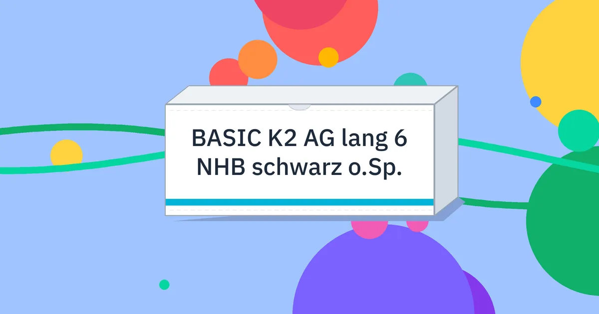 Symbolbild: Packung mit der Aufschrift BASIC K2 AG lang 6 NHB schwarz o.Sp. (PZN 20268242) – Verfügbarkeit und Bezug in Apotheken in Frankfurt am Main