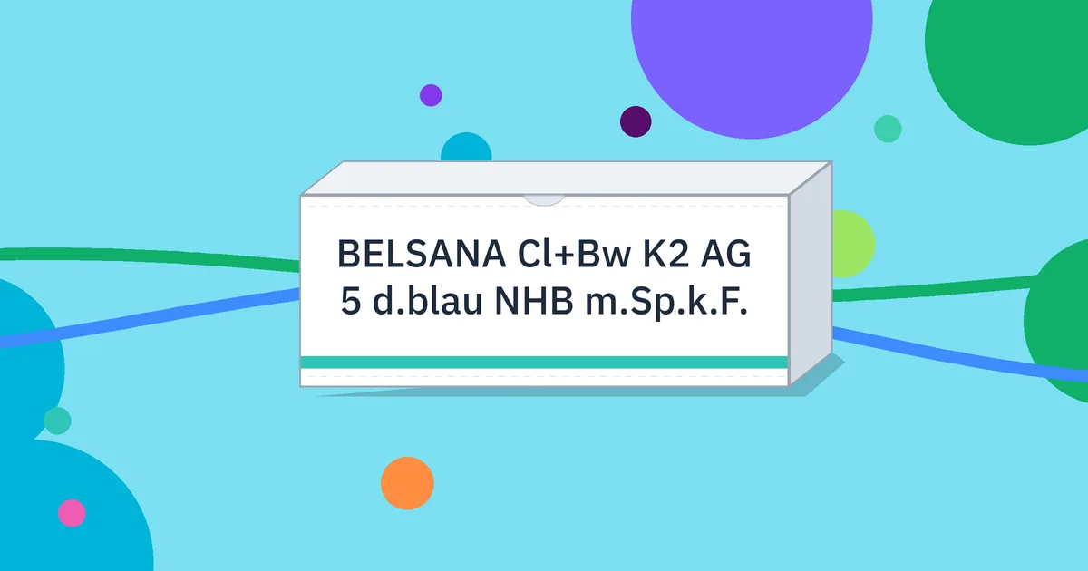 Symbolbild: Packung mit der Aufschrift BELSANA Cl+Bw K2 AG 5 d.blau NHB m.Sp.k.F. (PZN 15627408) – Verfügbarkeit und Bezug in Apotheken in Frankfurt am Main