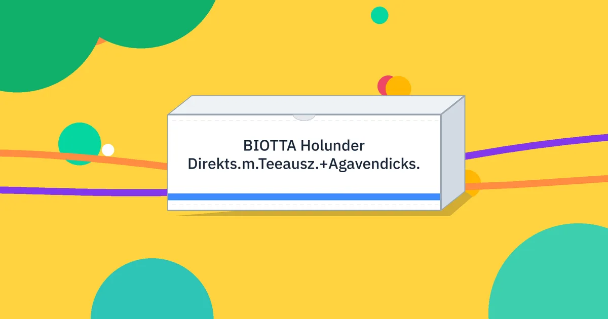Symbolbild: Packung mit der Aufschrift BIOTTA Holunder Direkts.m.Teeausz.+Agavendicks. (PZN 01004827) – Verfügbarkeit und Bezug in Apotheken in Frankfurt am Main
