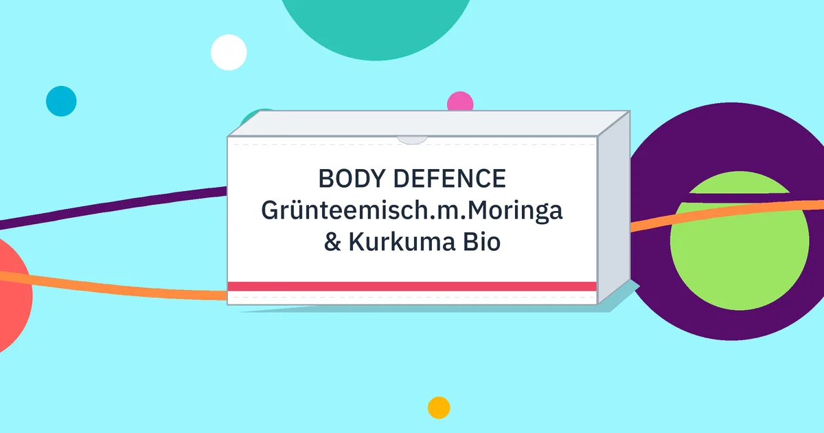 Symbolbild: Packung mit der Aufschrift BODY DEFENCE Grünteemisch.m.Moringa & Kurkuma Bio (PZN 17924234) – Verfügbarkeit und Bezug in Apotheken in Frankfurt am Main