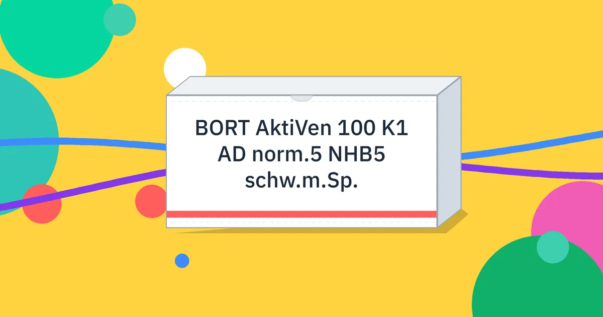 Symbolbild: Packung mit der Aufschrift BORT AktiVen 100 K1 AD norm.5 NHB5 schw.m.Sp. (PZN 17497401) – Verfügbarkeit und Bezug in Apotheken in Frankfurt am Main