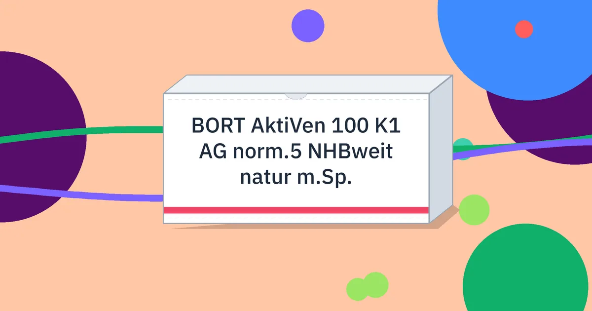 Symbolbild: Packung mit der Aufschrift BORT AktiVen 100 K1 AG norm.5 NHBweit natur m.Sp. (PZN 13729814) – Verfügbarkeit und Bezug in Apotheken in Frankfurt am Main