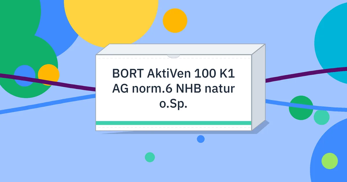 Symbolbild: Packung mit der Aufschrift BORT AktiVen 100 K1 AG norm.6 NHB natur o.Sp. (PZN 13729406) – Verfügbarkeit und Bezug in Apotheken in Frankfurt am Main