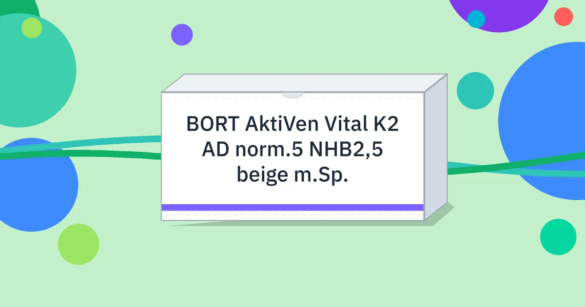 Symbolbild: Packung mit der Aufschrift BORT AktiVen Vital K2 AD norm.5 NHB2,5 beige m.Sp. (PZN 17499104) – Verfügbarkeit und Bezug in Apotheken in Frankfurt am Main