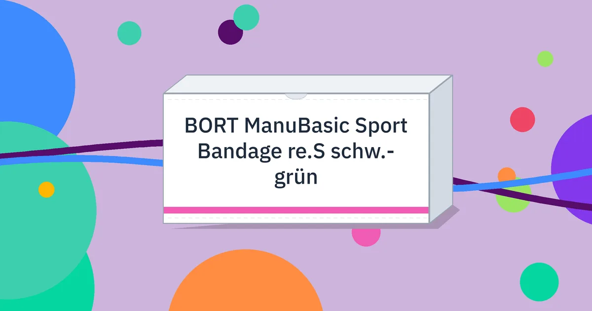 Symbolbild: Packung mit der Aufschrift BORT ManuBasic Sport Bandage re.S schw.-grün (PZN 02737992) – Verfügbarkeit und Bezug in Apotheken in Frankfurt am Main