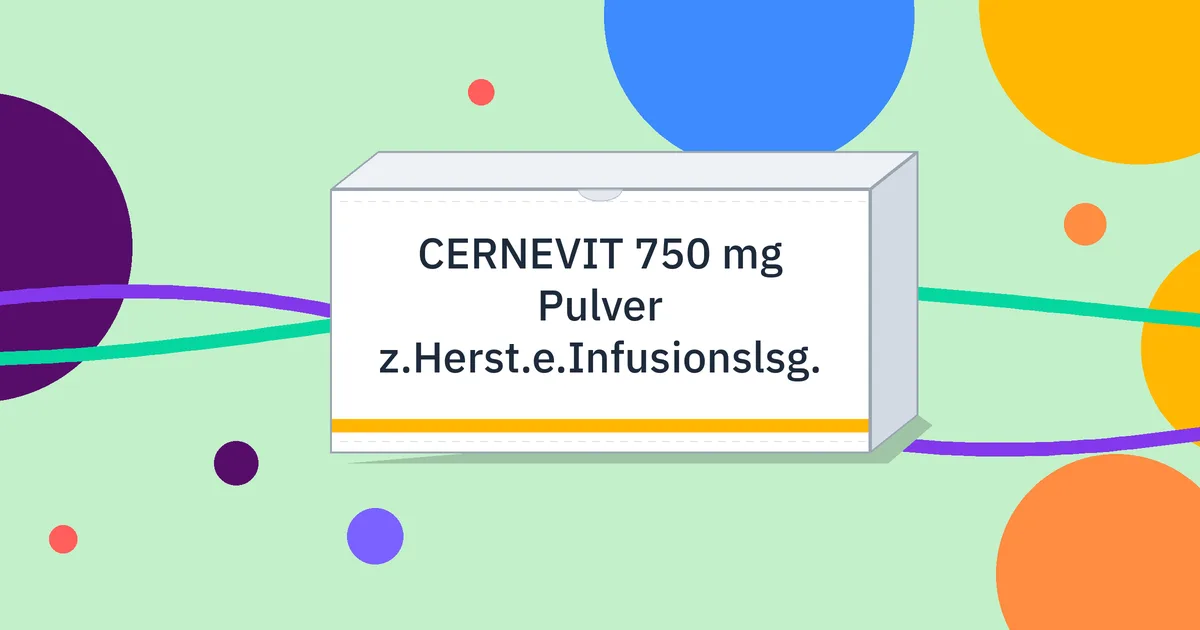 Symbolbild: Packung mit der Aufschrift CERNEVIT 750 mg Pulver z.Herst.e.Infusionslsg. (PZN 19382725) – Verfügbarkeit und Bezug in Apotheken in Frankfurt am Main