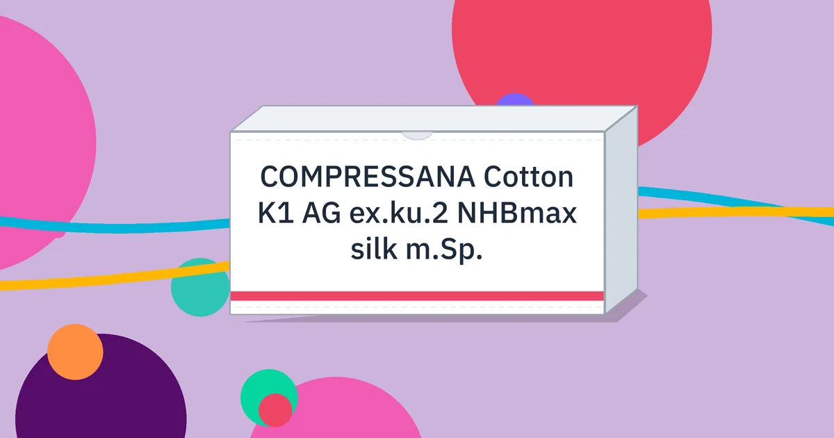Symbolbild: Packung mit der Aufschrift COMPRESSANA Cotton K1 AG ex.ku.2 NHBmax silk m.Sp. (PZN 11395036) – Verfügbarkeit und Bezug in Apotheken in Frankfurt am Main