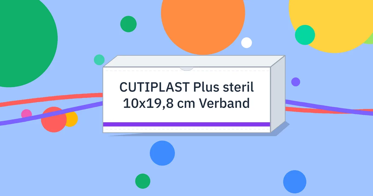 Symbolbild: Packung mit der Aufschrift CUTIPLAST Plus steril 10x19,8 cm Verband (PZN 10046144) – Verfügbarkeit und Bezug in Apotheken in Frankfurt am Main