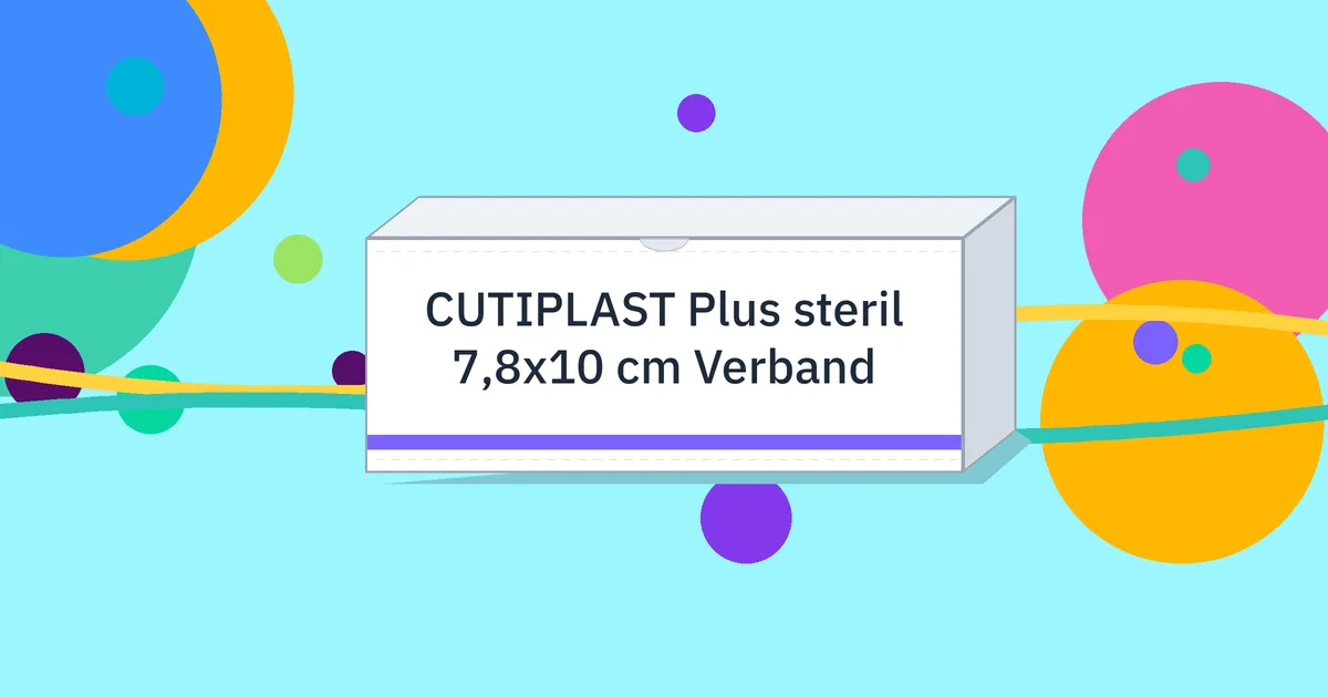 Symbolbild: Packung mit der Aufschrift CUTIPLAST Plus steril 7,8x10 cm Verband (PZN 19731019) – Verfügbarkeit und Bezug in Apotheken in Frankfurt am Main