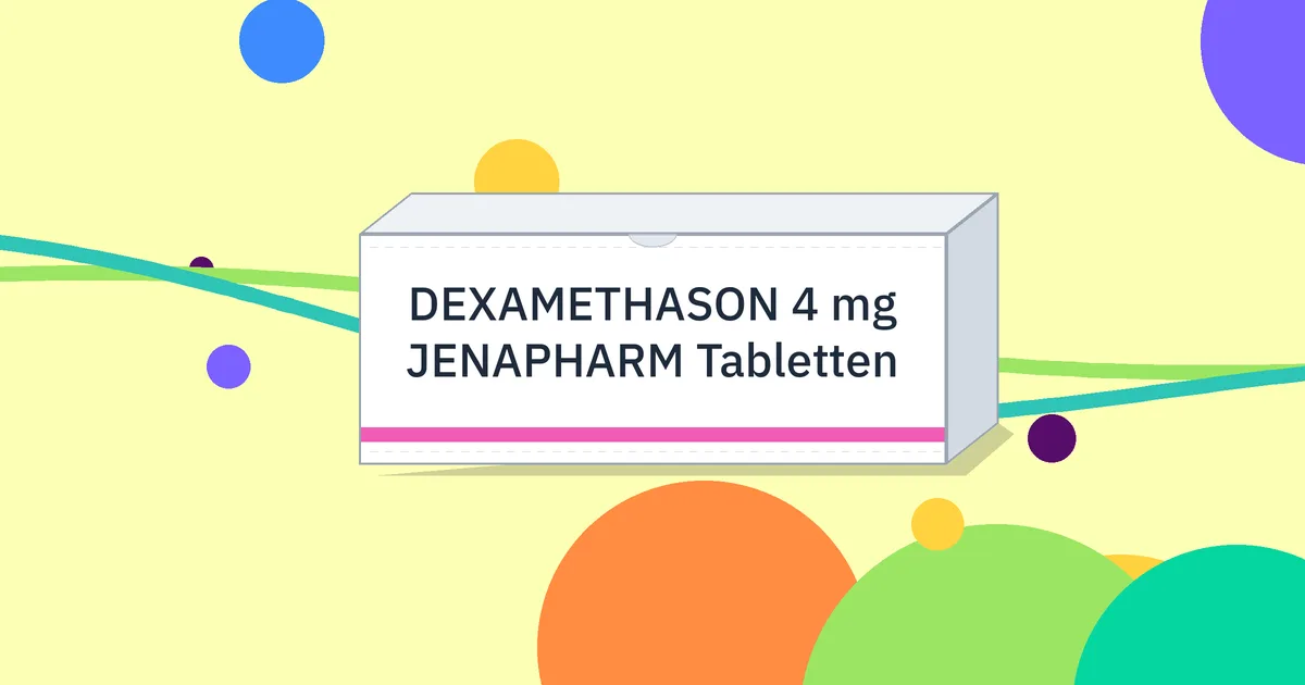 Symbolbild: Packung mit der Aufschrift DEXAMETHASON 4 mg JENAPHARM Tabletten (PZN 08918832) – Verfügbarkeit und Bezug in Apotheken in Frankfurt am Main