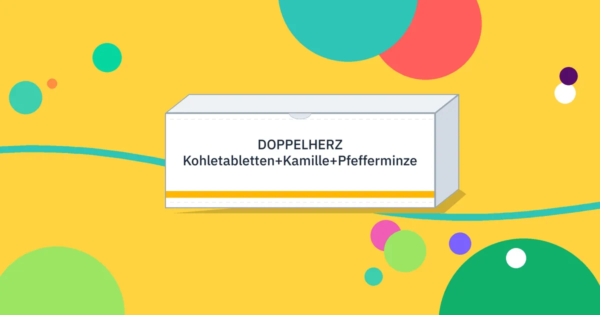 Symbolbild: Packung mit der Aufschrift DOPPELHERZ Kohletabletten+Kamille+Pfefferminze (PZN 20279079) – Verfügbarkeit und Bezug in Apotheken in Frankfurt am Main
