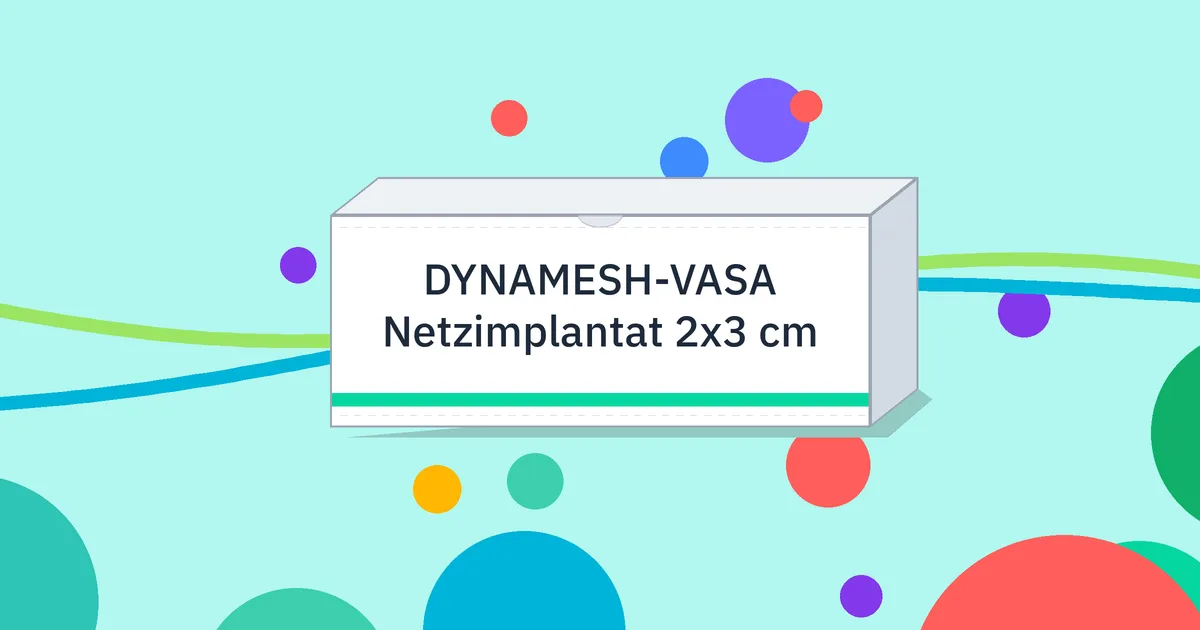 Symbolbild: Packung mit der Aufschrift DYNAMESH-VASA Netzimplantat 2x3 cm (PZN 19390280) – Verfügbarkeit und Bezug in Apotheken in Frankfurt am Main
