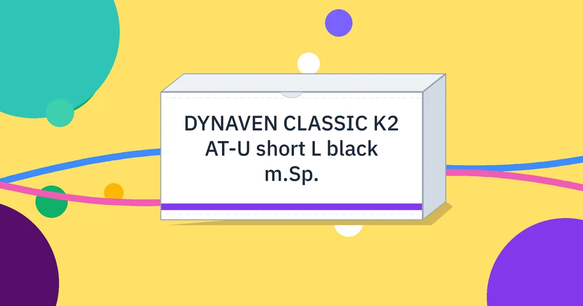 Symbolbild: Packung mit der Aufschrift DYNAVEN CLASSIC K2 AT-U short L black m.Sp. (PZN 18419780) – Verfügbarkeit und Bezug in Apotheken in Frankfurt am Main