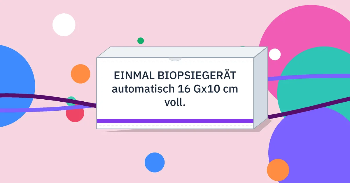 Symbolbild: Packung mit der Aufschrift EINMAL BIOPSIEGERÄT automatisch 16 Gx10 cm voll. (PZN 14384398) – Verfügbarkeit und Bezug in Apotheken in Frankfurt am Main