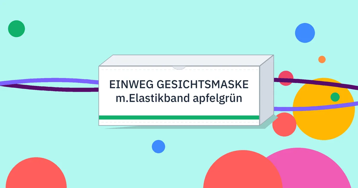 Symbolbild: Packung mit der Aufschrift EINWEG GESICHTSMASKE m.Elastikband apfelgrün (PZN 17174253) – Verfügbarkeit und Bezug in Apotheken in Frankfurt am Main