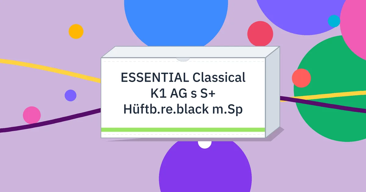 Symbolbild: Packung mit der Aufschrift ESSENTIAL Classical K1 AG s S+ Hüftb.re.black m.Sp (PZN 17013656) – Verfügbarkeit und Bezug in Apotheken in Frankfurt am Main