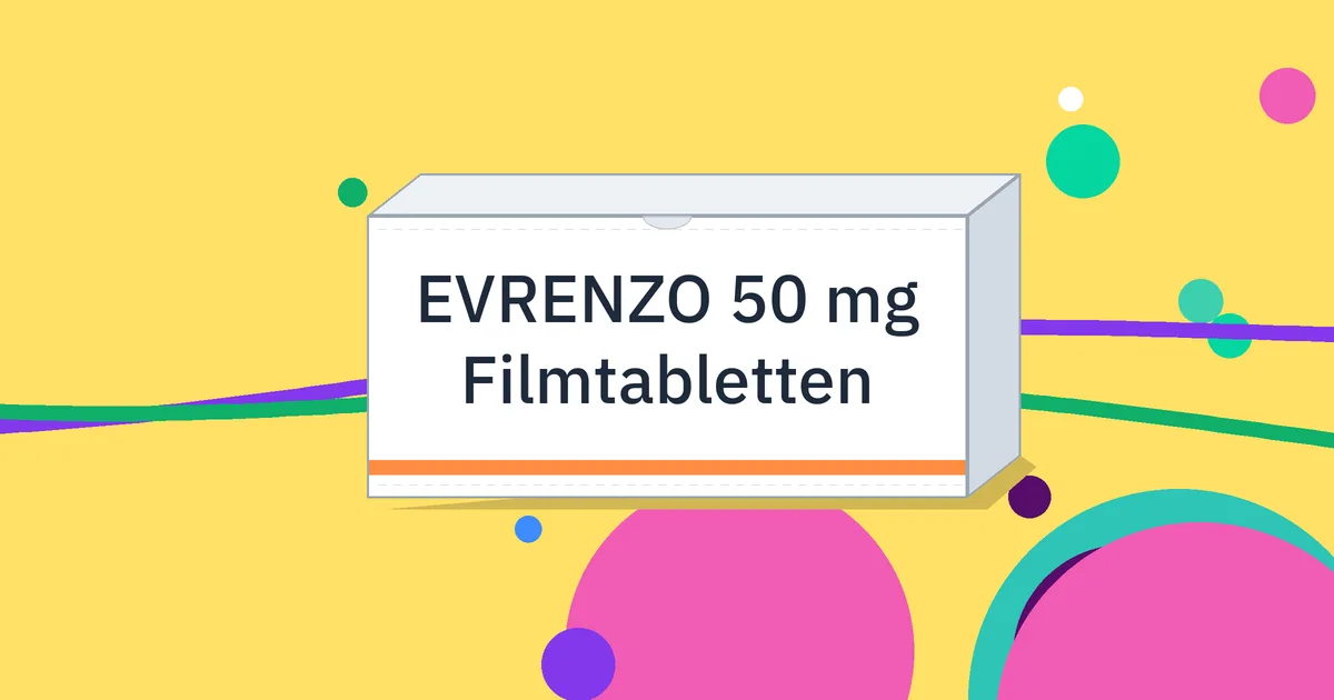 Symbolbild: Packung mit der Aufschrift EVRENZO 50 mg Filmtabletten (PZN 20410935) – Verfügbarkeit und Bezug in Apotheken in Frankfurt am Main