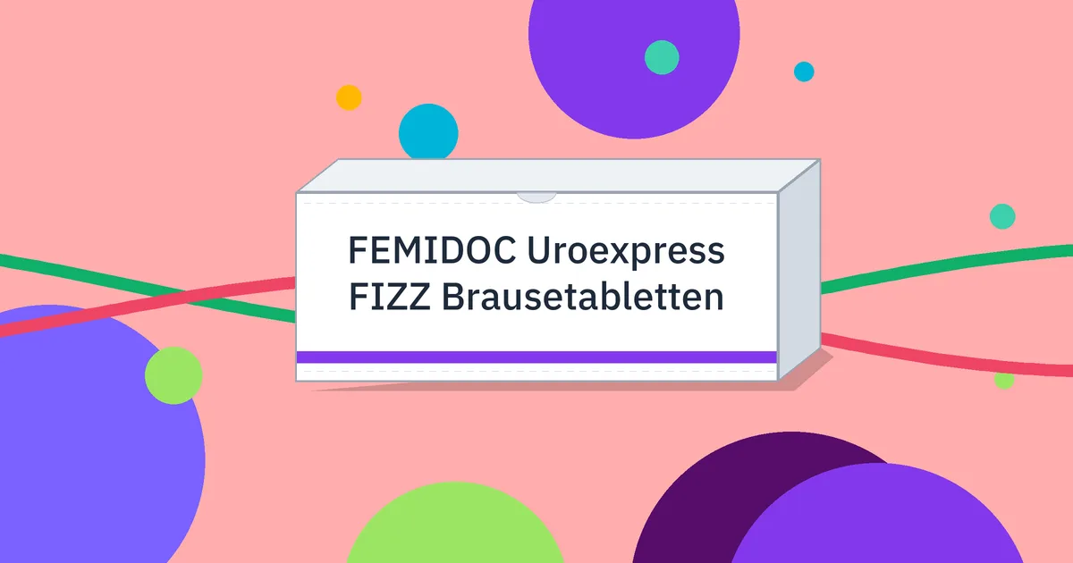 Symbolbild: Packung mit der Aufschrift FEMIDOC Uroexpress FIZZ Brausetabletten (PZN 19168601) – Verfügbarkeit und Bezug in Apotheken in Frankfurt am Main