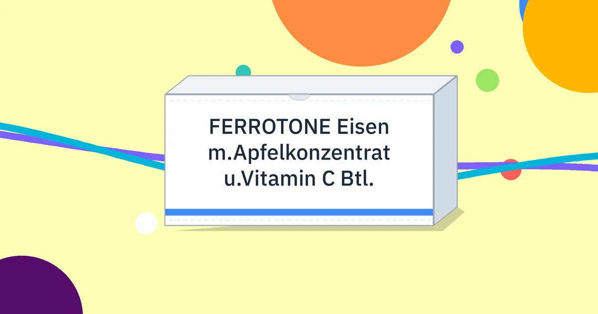 Symbolbild: Packung mit der Aufschrift FERROTONE Eisen m.Apfelkonzentrat u.Vitamin C Btl. (PZN 10399670) – Verfügbarkeit und Bezug in Apotheken in Frankfurt am Main