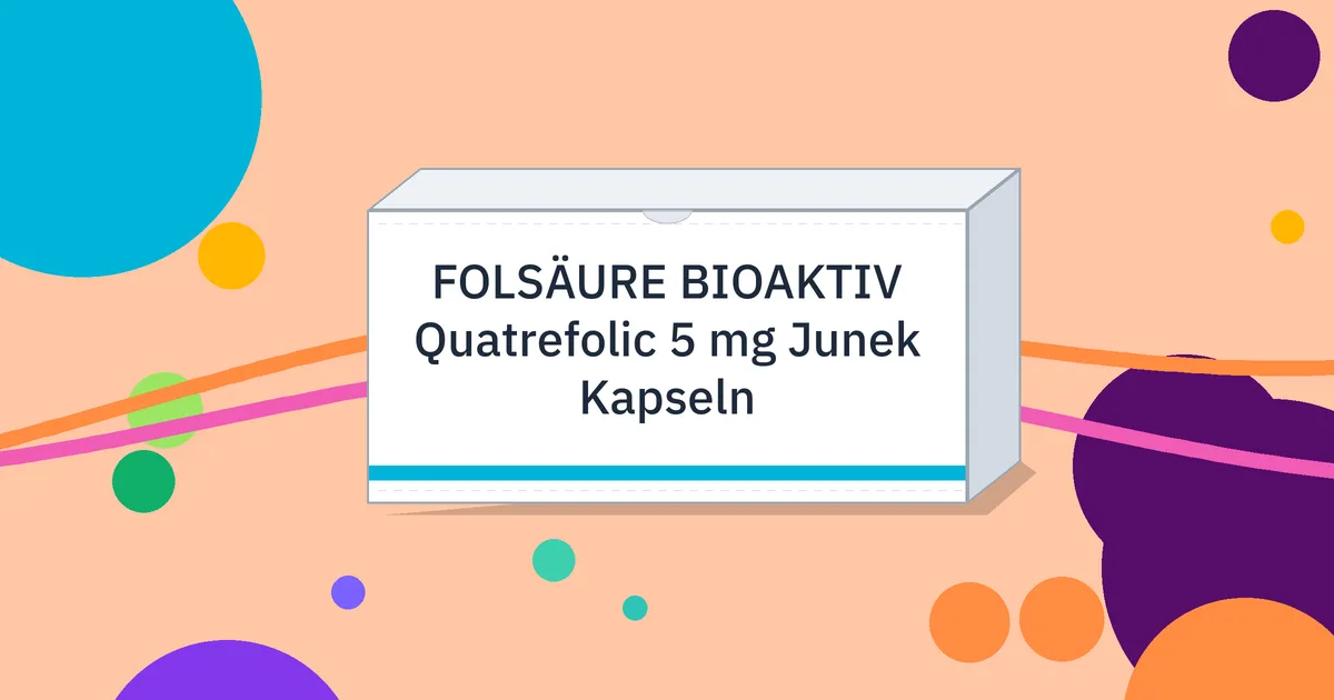 Symbolbild: Packung mit der Aufschrift FOLSÄURE BIOAKTIV Quatrefolic 5 mg Junek Kapseln (PZN 18311120) – Verfügbarkeit und Bezug in Apotheken in Frankfurt am Main