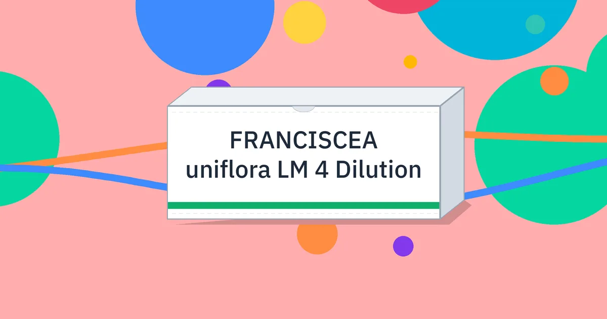 Symbolbild: Packung mit der Aufschrift FRANCISCEA uniflora LM 4 Dilution (PZN 13491011) – Verfügbarkeit und Bezug in Apotheken in Frankfurt am Main