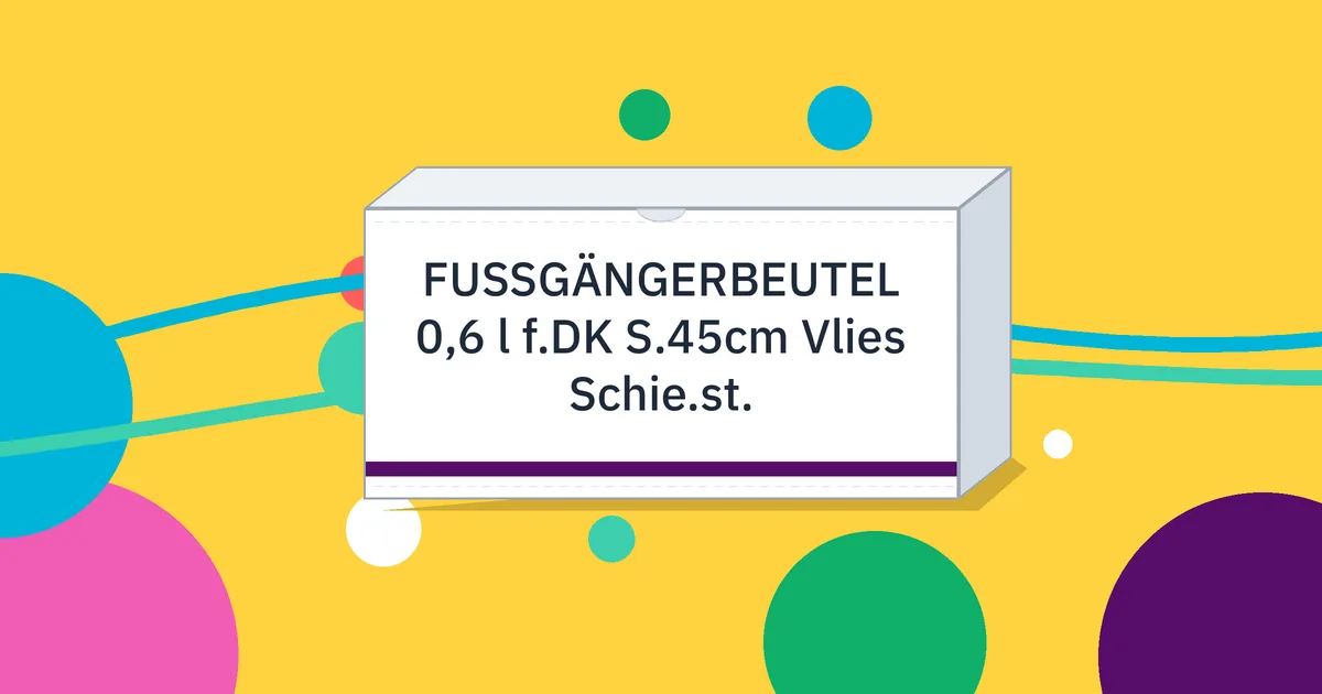 Symbolbild: Packung mit der Aufschrift FUSSGÄNGERBEUTEL 0,6 l f.DK S.45cm Vlies Schie.st. (PZN 06122299) – Verfügbarkeit und Bezug in Apotheken in Frankfurt am Main