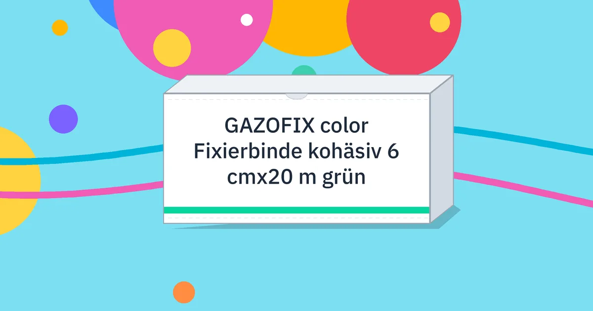 Symbolbild: Packung mit der Aufschrift GAZOFIX color Fixierbinde kohäsiv 6 cmx20 m grün (PZN 19882600) – Verfügbarkeit und Bezug in Apotheken in Frankfurt am Main