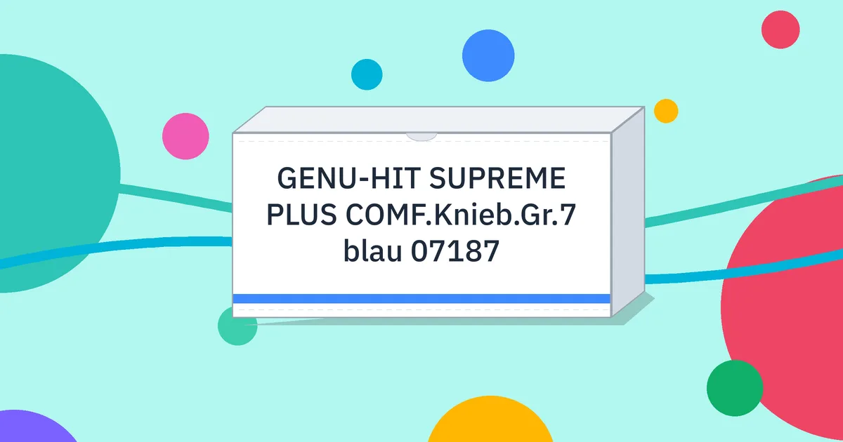 Symbolbild: Packung mit der Aufschrift GENU-HIT SUPREME PLUS COMF.Knieb.Gr.7 blau 07187 (PZN 18181545) – Verfügbarkeit und Bezug in Apotheken in Frankfurt am Main