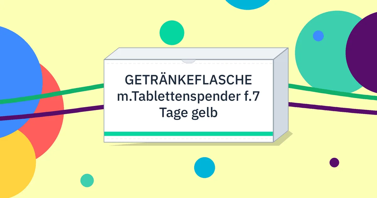 Symbolbild: Packung mit der Aufschrift GETRÄNKEFLASCHE m.Tablettenspender f.7 Tage gelb (PZN 17278550) – Verfügbarkeit und Bezug in Apotheken in Frankfurt am Main