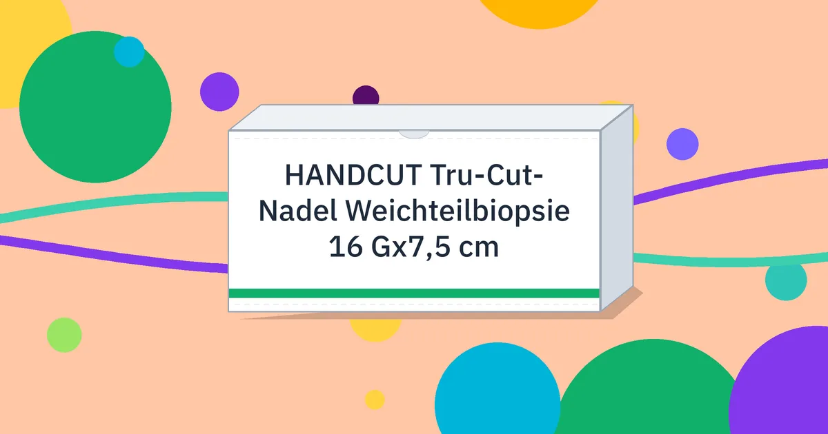 Symbolbild: Packung mit der Aufschrift HANDCUT Tru-Cut-Nadel Weichteilbiopsie 16 Gx7,5 cm (PZN 19736353) – Verfügbarkeit und Bezug in Apotheken in Frankfurt am Main