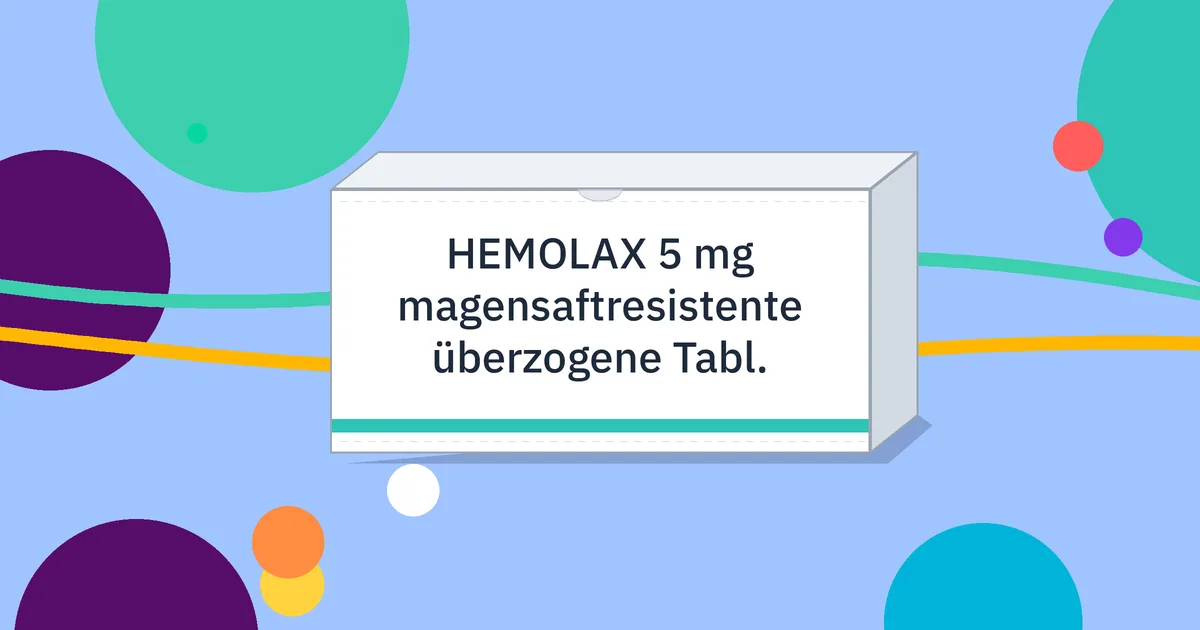 Symbolbild: Packung mit der Aufschrift HEMOLAX 5 mg magensaftresistente überzogene Tabl. (PZN 18392271) – Verfügbarkeit und Bezug in Apotheken in Frankfurt am Main