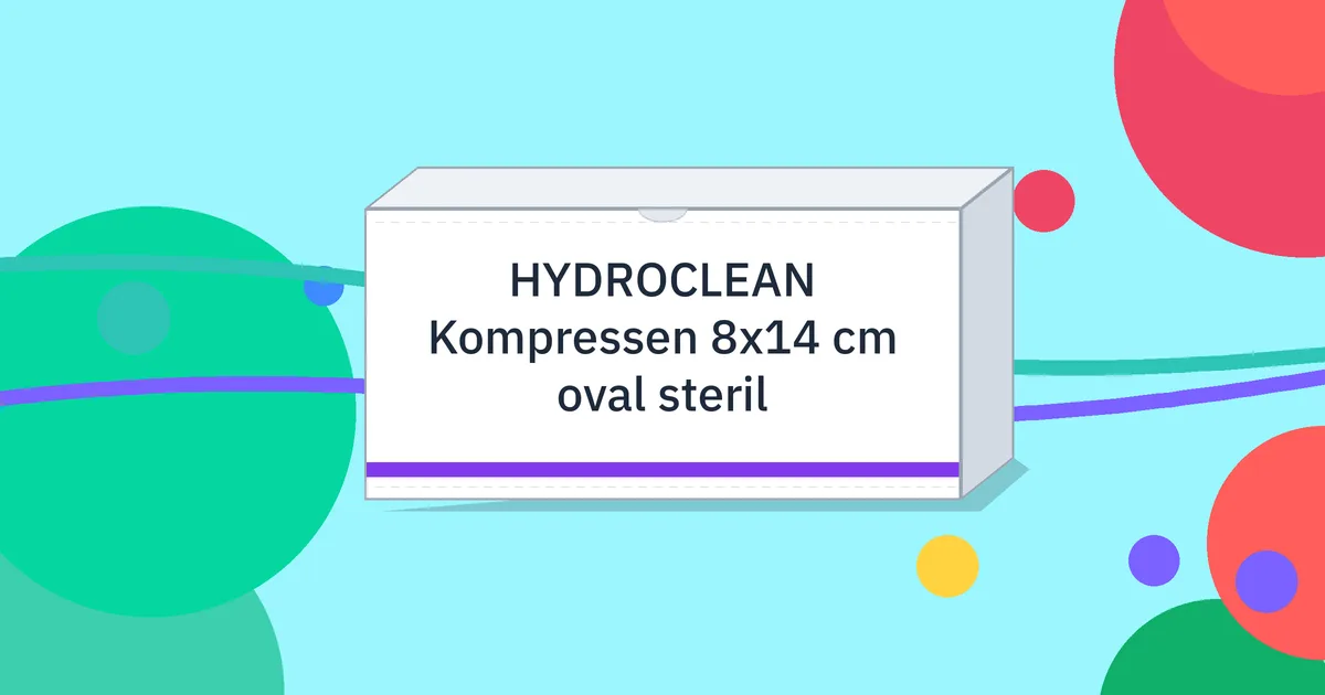 Symbolbild: Packung mit der Aufschrift HYDROCLEAN Kompressen 8x14 cm oval steril (PZN 13649363) – Verfügbarkeit und Bezug in Apotheken in Frankfurt am Main