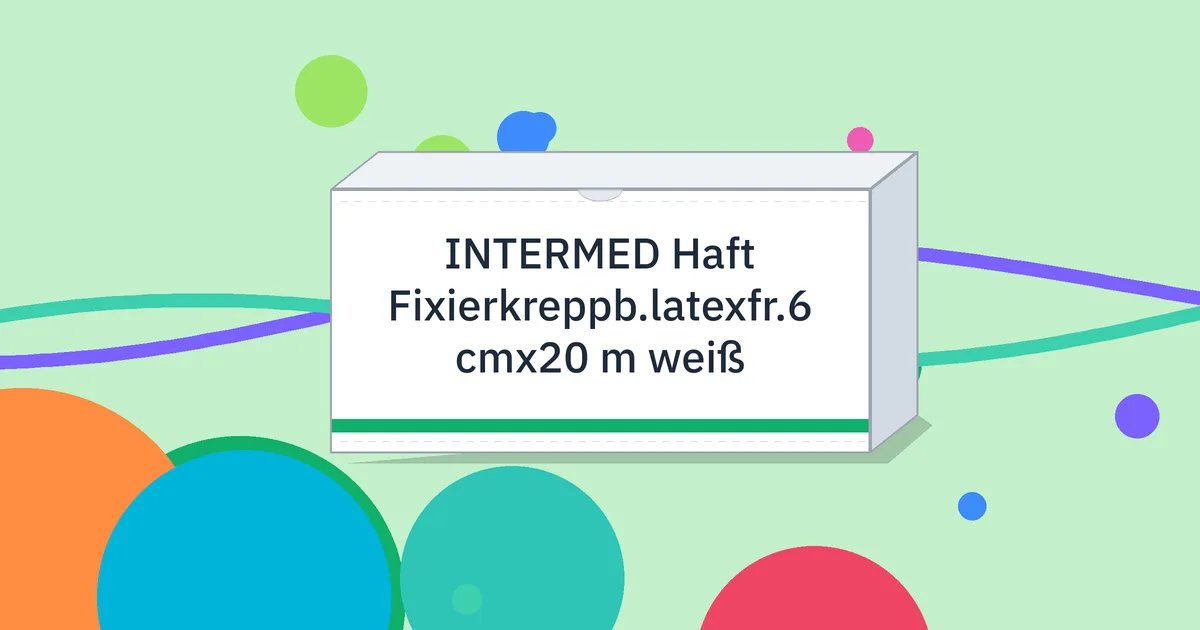 Symbolbild: Packung mit der Aufschrift INTERMED Haft Fixierkreppb.latexfr.6 cmx20 m weiß (PZN 10944216) – Verfügbarkeit und Bezug in Apotheken in Frankfurt am Main