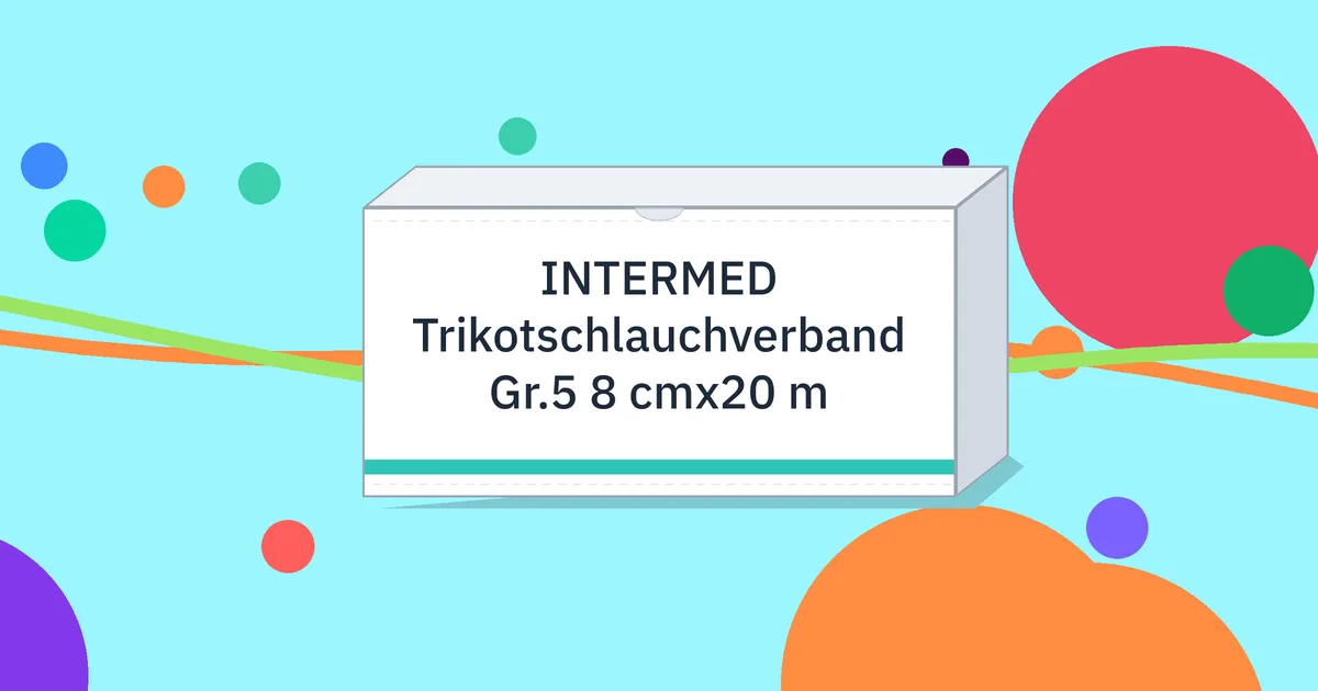 Symbolbild: Packung mit der Aufschrift INTERMED Trikotschlauchverband Gr.5 8 cmx20 m (PZN 02606244) – Verfügbarkeit und Bezug in Apotheken in Frankfurt am Main