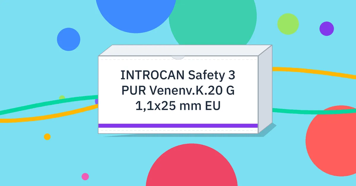 Symbolbild: Packung mit der Aufschrift INTROCAN Safety 3 PUR Venenv.K.20 G 1,1x25 mm EU (PZN 20345132) – Verfügbarkeit und Bezug in Apotheken in Frankfurt am Main