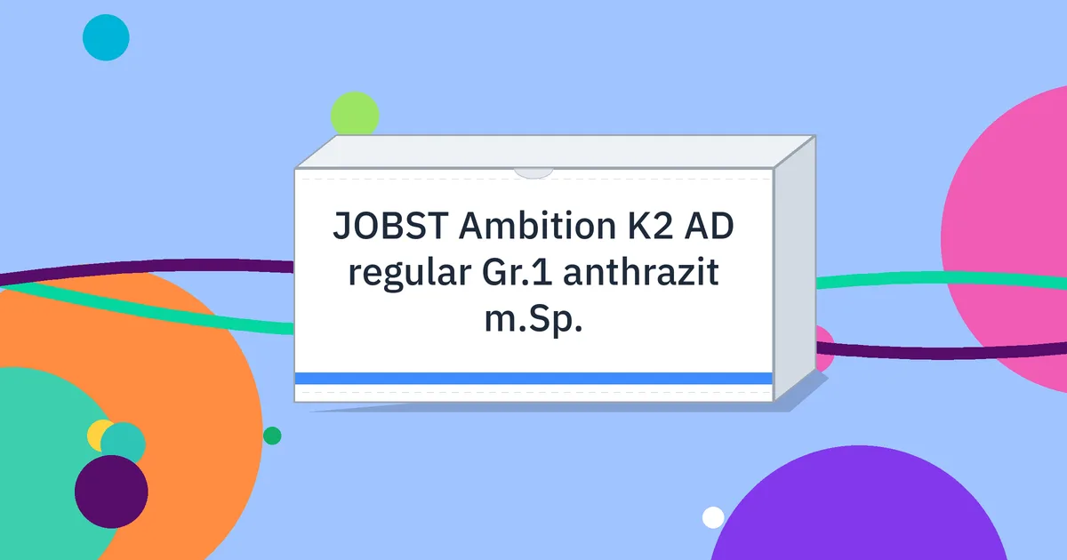 Symbolbild: Packung mit der Aufschrift JOBST Ambition K2 AD regular Gr.1 anthrazit m.Sp. (PZN 11020827) – Verfügbarkeit und Bezug in Apotheken in Frankfurt am Main