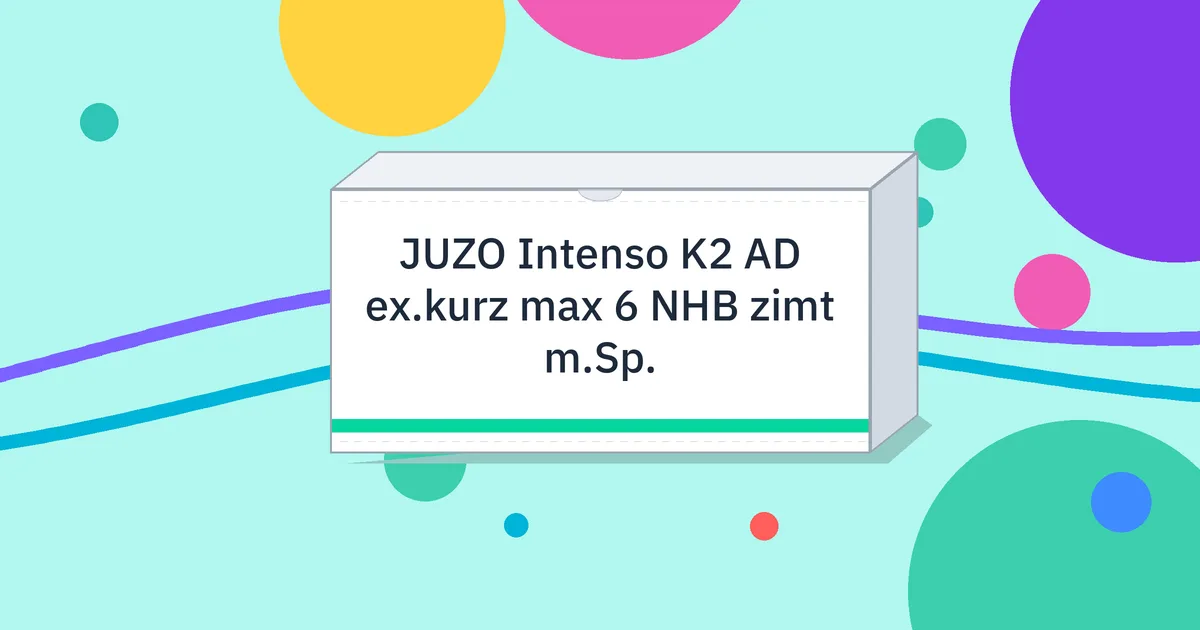 Symbolbild: Packung mit der Aufschrift JUZO Intenso K2 AD ex.kurz max 6 NHB zimt m.Sp. (PZN 18610319) – Verfügbarkeit und Bezug in Apotheken in Frankfurt am Main