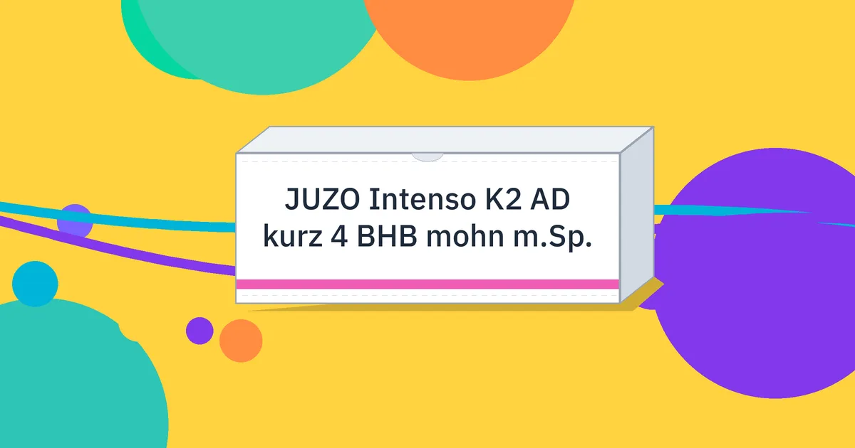 Symbolbild: Packung mit der Aufschrift JUZO Intenso K2 AD kurz 4 BHB mohn m.Sp. (PZN 18614719) – Verfügbarkeit und Bezug in Apotheken in Frankfurt am Main