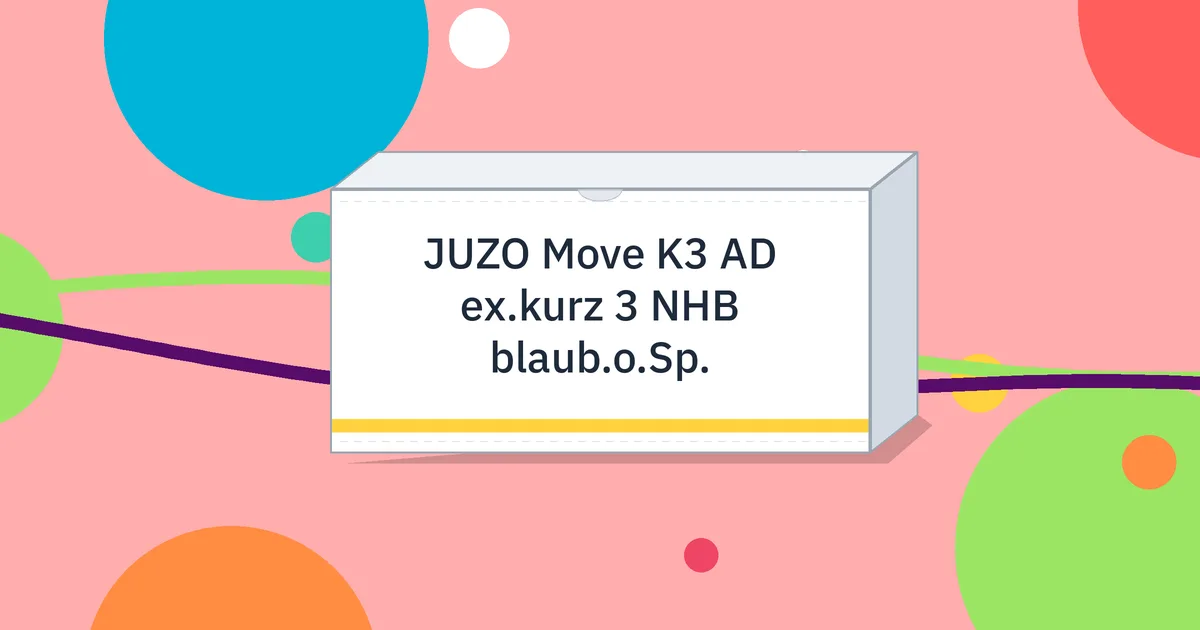 Symbolbild: Packung mit der Aufschrift JUZO Move K3 AD ex.kurz 3 NHB blaub.o.Sp. (PZN 18574026) – Verfügbarkeit und Bezug in Apotheken in Frankfurt am Main