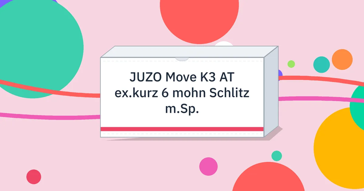 Symbolbild: Packung mit der Aufschrift JUZO Move K3 AT ex.kurz 6 mohn Schlitz m.Sp. (PZN 20681309) – Verfügbarkeit und Bezug in Apotheken in Frankfurt am Main