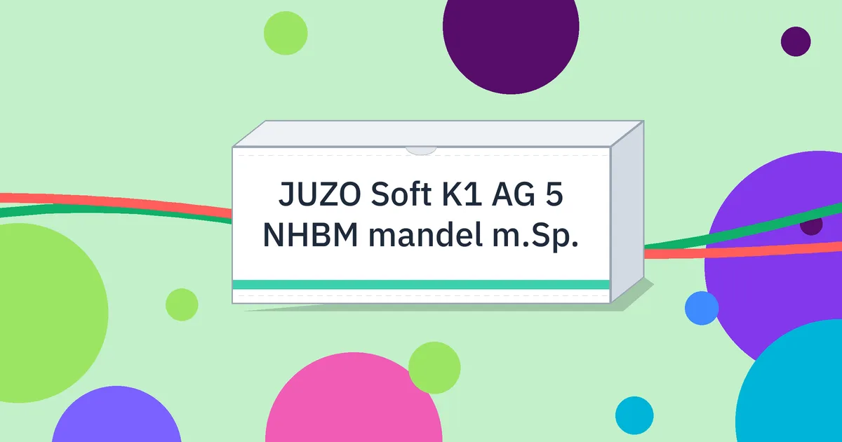 Symbolbild: Packung mit der Aufschrift JUZO Soft K1 AG 5 NHBM mandel m.Sp. (PZN 14999438) – Verfügbarkeit und Bezug in Apotheken in Frankfurt am Main