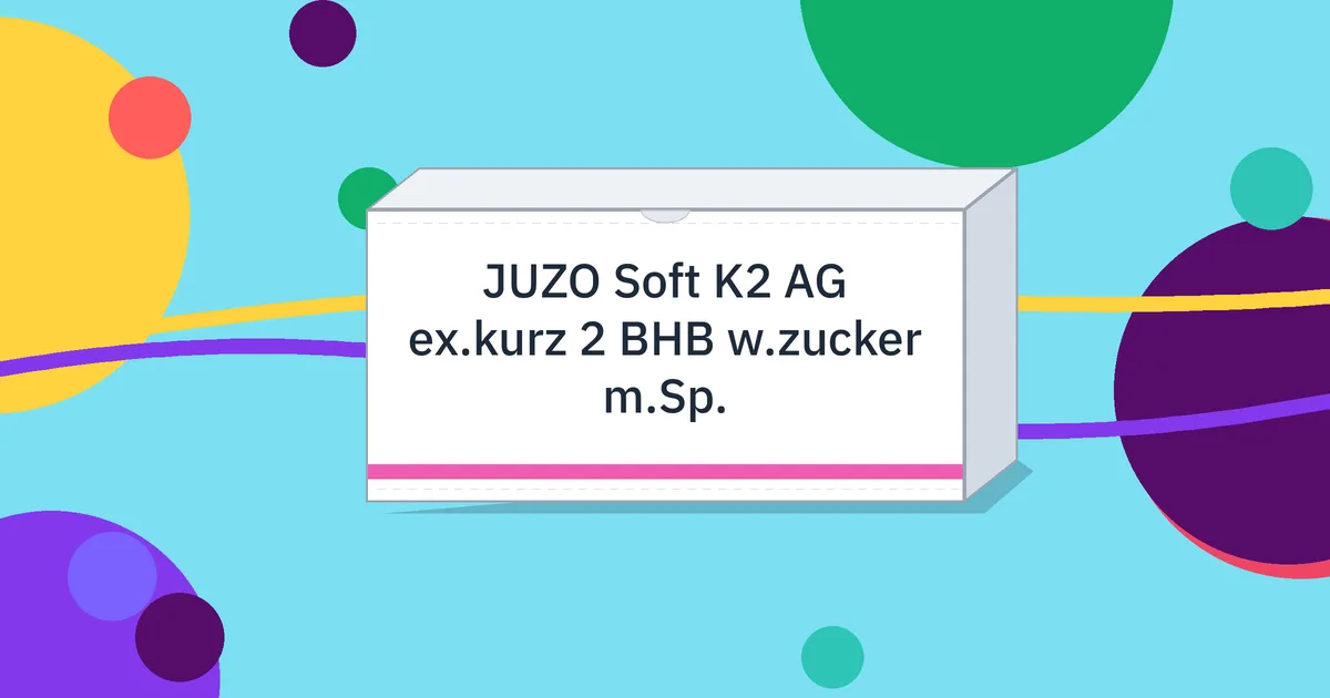 Symbolbild: Packung mit der Aufschrift JUZO Soft K2 AG ex.kurz 2 BHB w.zucker m.Sp. (PZN 14843104) – Verfügbarkeit und Bezug in Apotheken in Frankfurt am Main