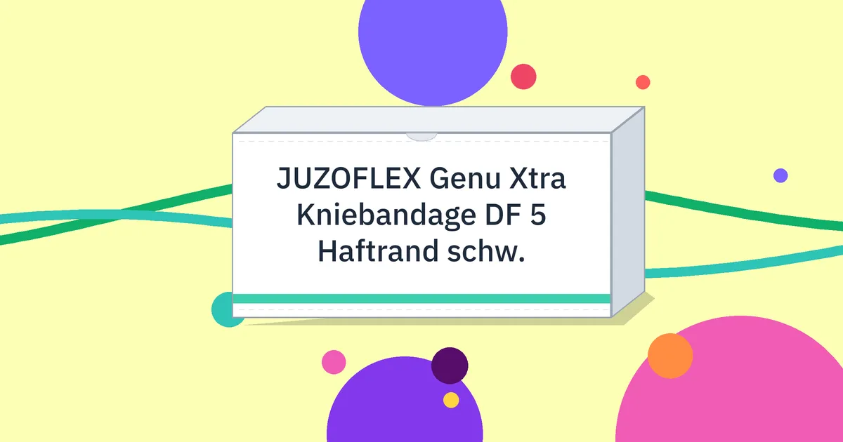 Symbolbild: Packung mit der Aufschrift JUZOFLEX Genu Xtra Kniebandage DF 5 Haftrand schw. (PZN 16497310) – Verfügbarkeit und Bezug in Apotheken in Frankfurt am Main